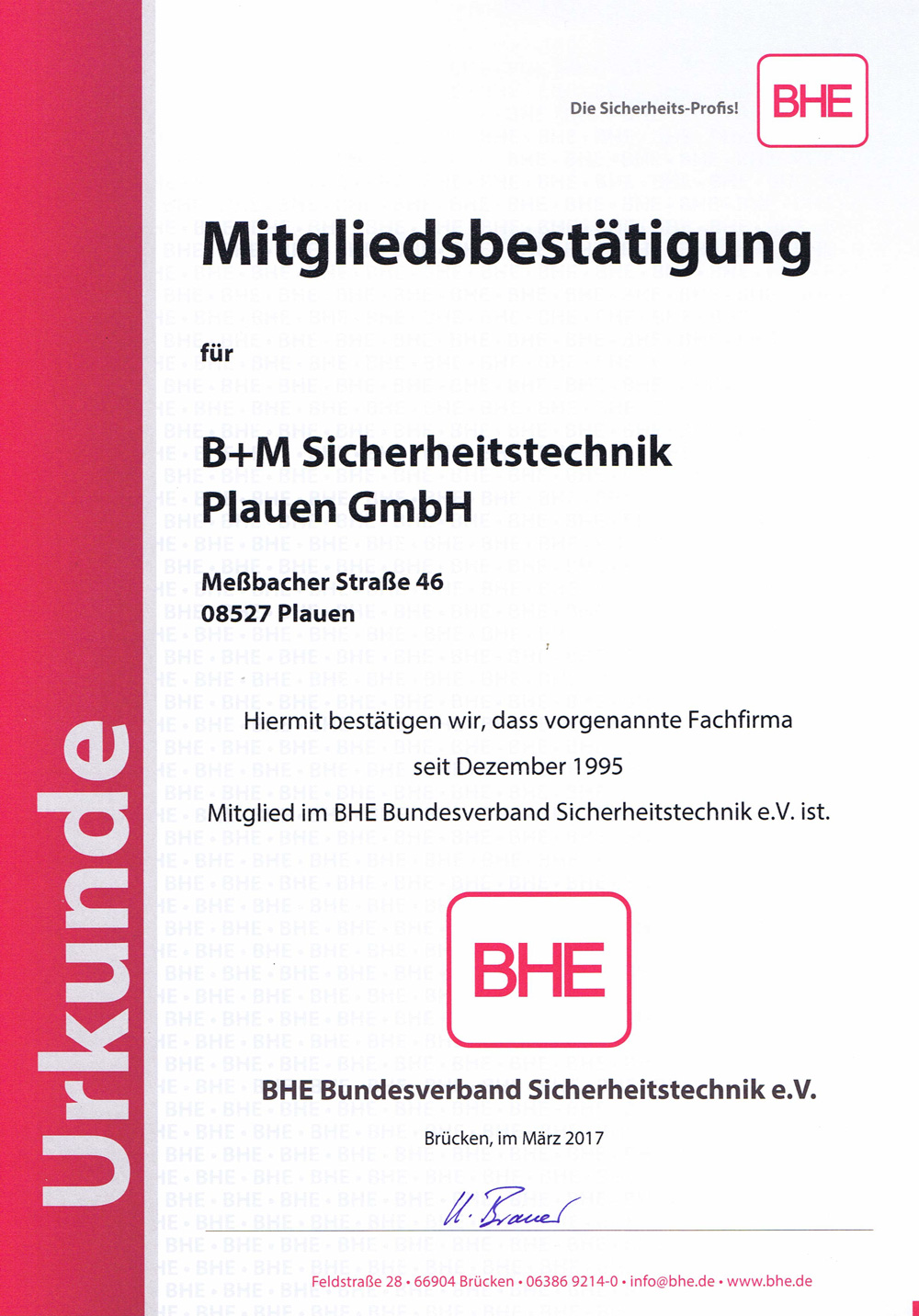 Zertifizierungen - B+M Sicherheitstechnik Plauen