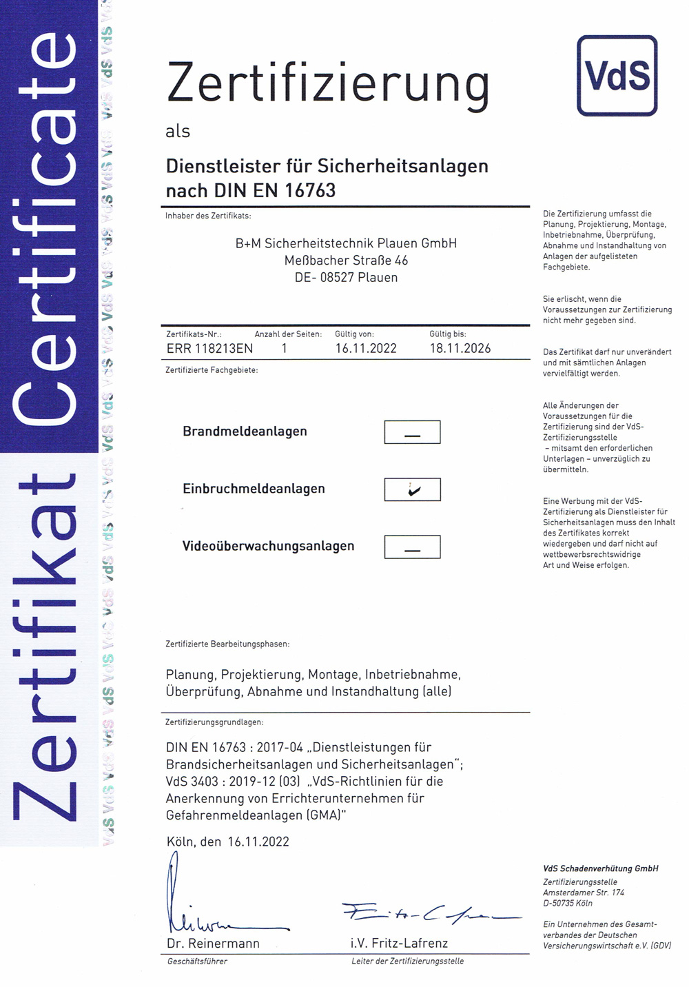 Zertifizierungen - B+M Sicherheitstechnik Plauen